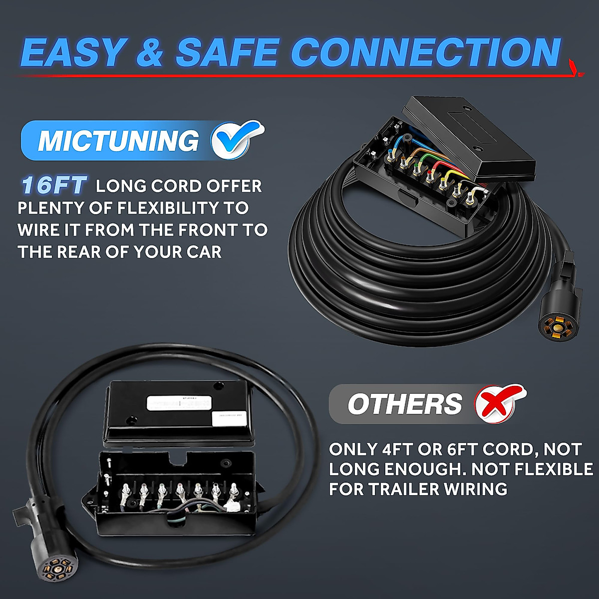 MICTUNING Heavy Duty 7 Way Plug Inline Trailer Cord with 7 Gang Junction Box 16 Feet, Weatherproof