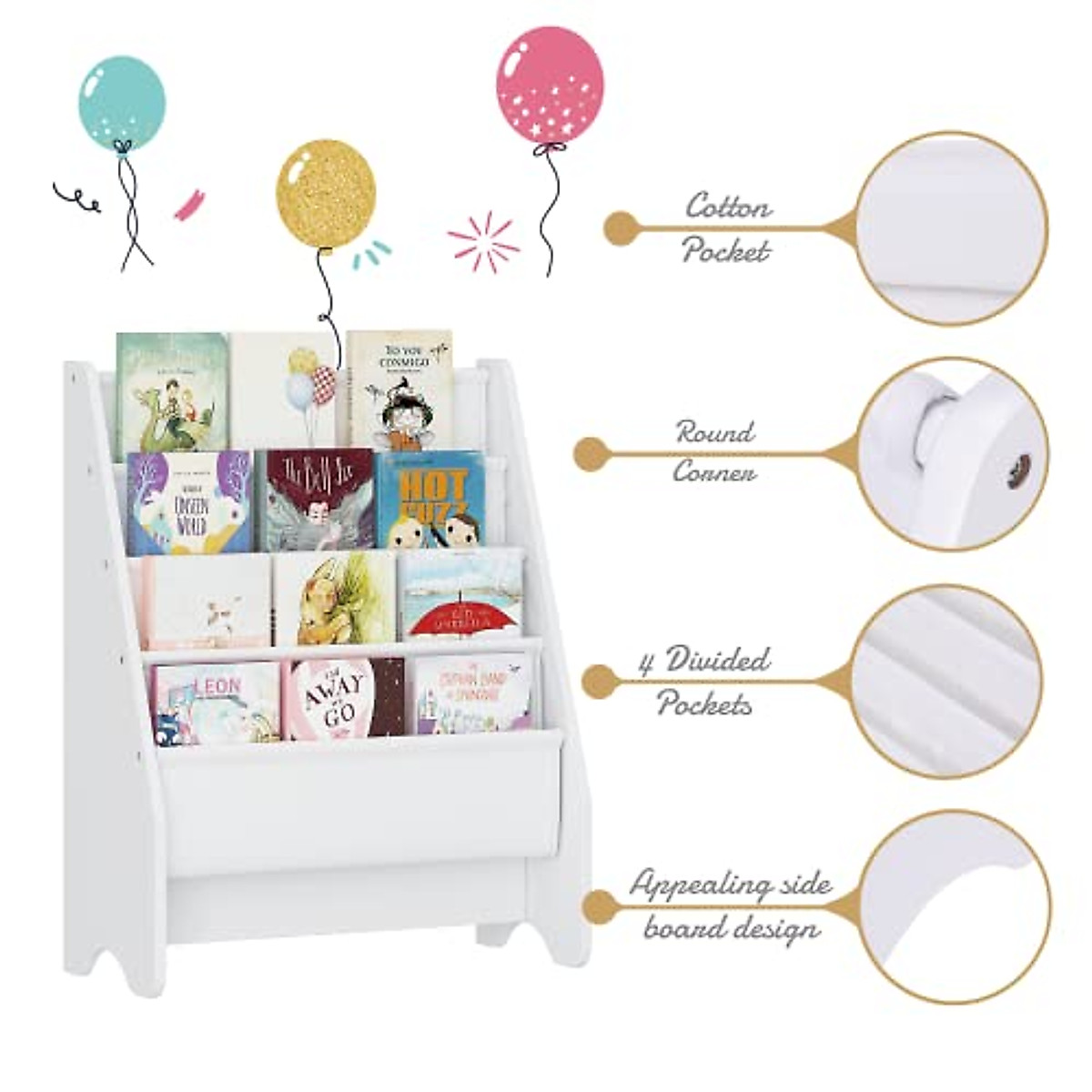 UTEX Kids Sling Bookshelf, Kids Bookshelf with Organizer, Kids Magazine Rack - Book Rack for Kids,Book Organizer (White)