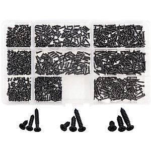 LBY 900pcs M1.7 M2 M2.3 x 5mm / 8mm/ 12mm Flat Head Self-Tapping Sheetmetal Screw Assortment Kit Mini Wood Screws 9 Sizes Combination Carbon Steel Black
