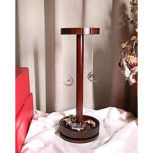 Ceiner Moon Phase Pendulum Display Stand with Tray, Wood Wiccan Rotating Crystal Holder for Up 16 Divination Dowsing Pendulums, Witch Organizer for Necklace Healing Stone Gift Rack