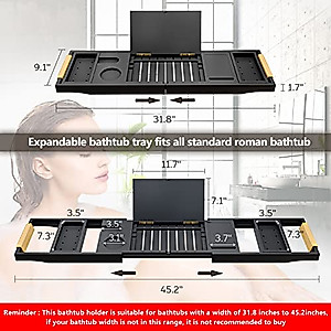 Bathtub Tray Bath Caddy Tray for Tub - Expandable Board and Book Stand Premium Leather Grip and Non-Slip Pat for Luxury Bath Bamboo Bathtub Table Tray for Home Spa and Gift Choice (Black)