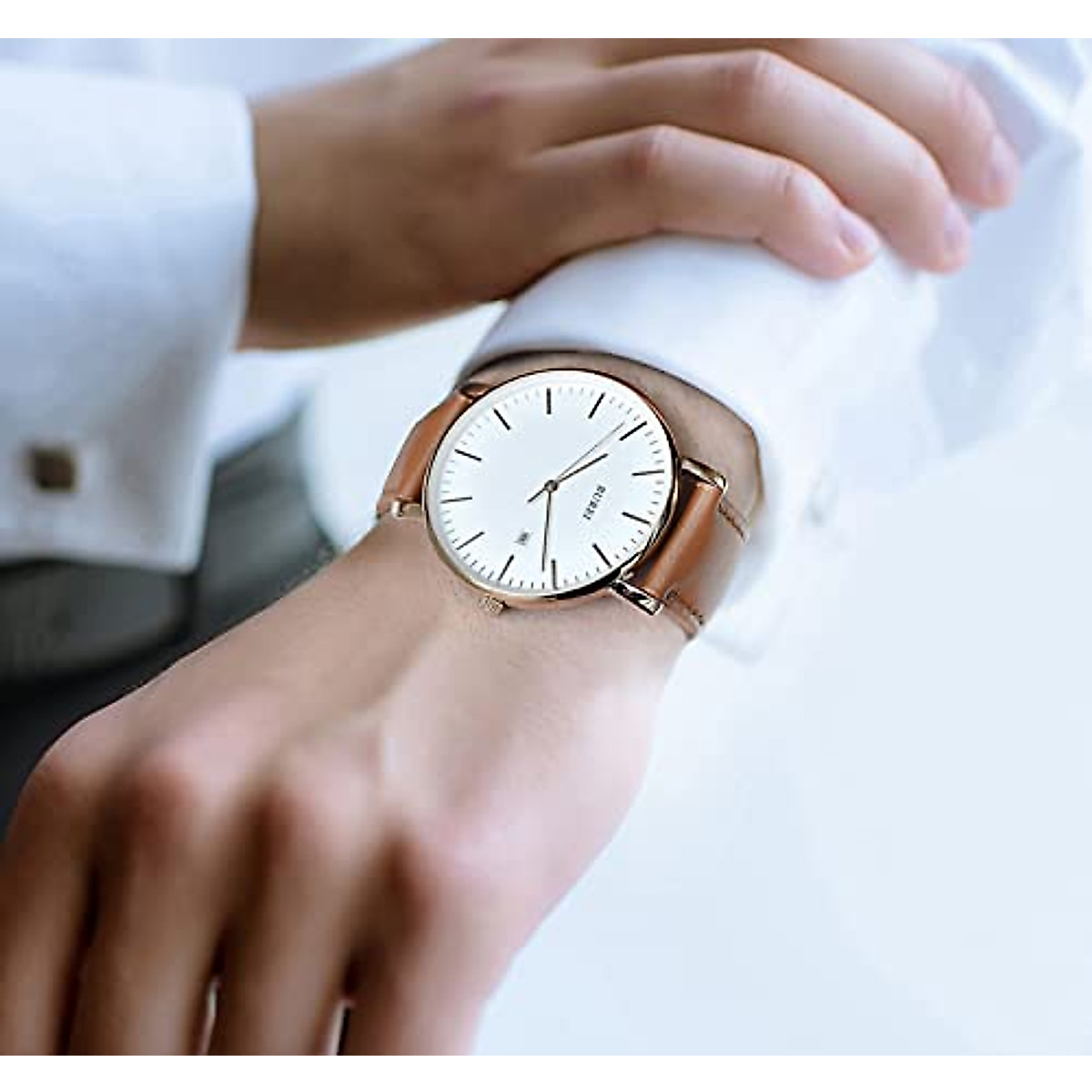 BUREI Men's Fashion Minimalist Wrist Watch Analog Date with Leather Strap (Rose Gold Brown)