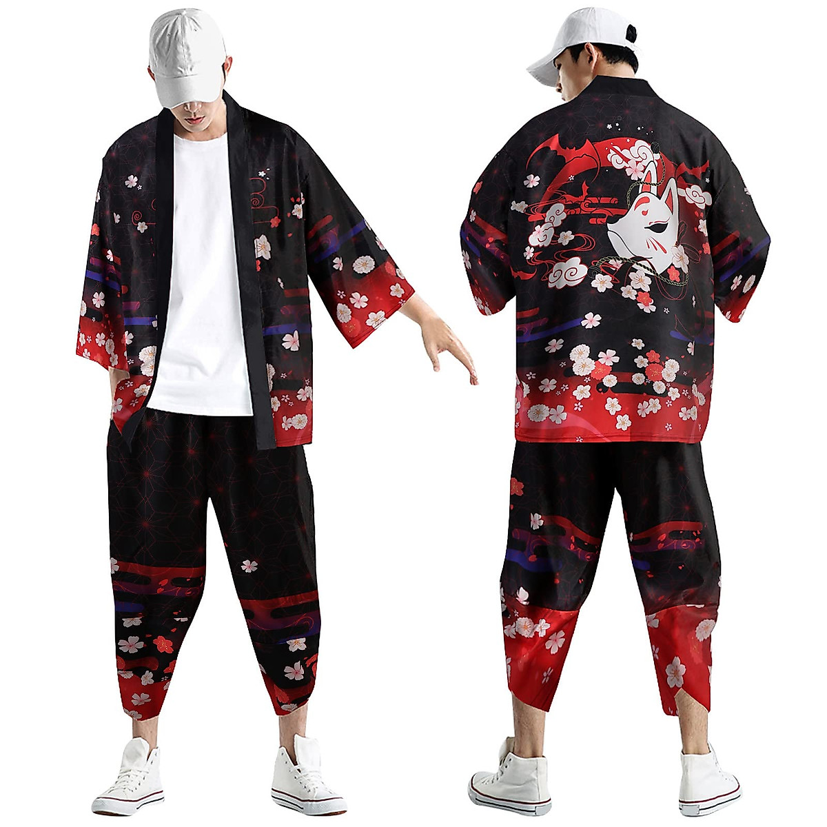 Mens Japanese Kimono Coat Suits Loose Open Front Seven Sleeve Kimono Cardigan Jacket with Shorts Plus Size(Red,Medium)