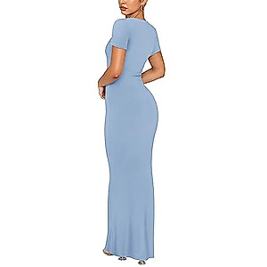 REORIA Women's Summer Sexy Casual Lounge Long Dress Elegant Wedding Guest Short Sleeve Crew Neck Bodycon Maxi Dresses Blue Small