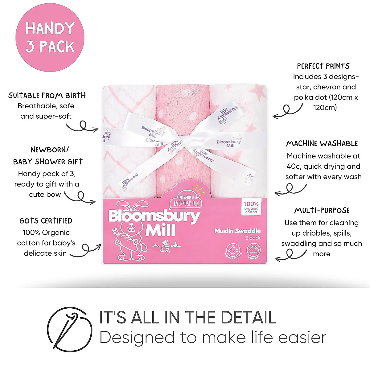 Bloomsbury Mill – Swaddle Blanket - Muslin Swaddle Blankets for Baby Girls and Boys - 100% Organic Cotton Baby Swaddles 3 Pack - Pink and White – 47” x 47”