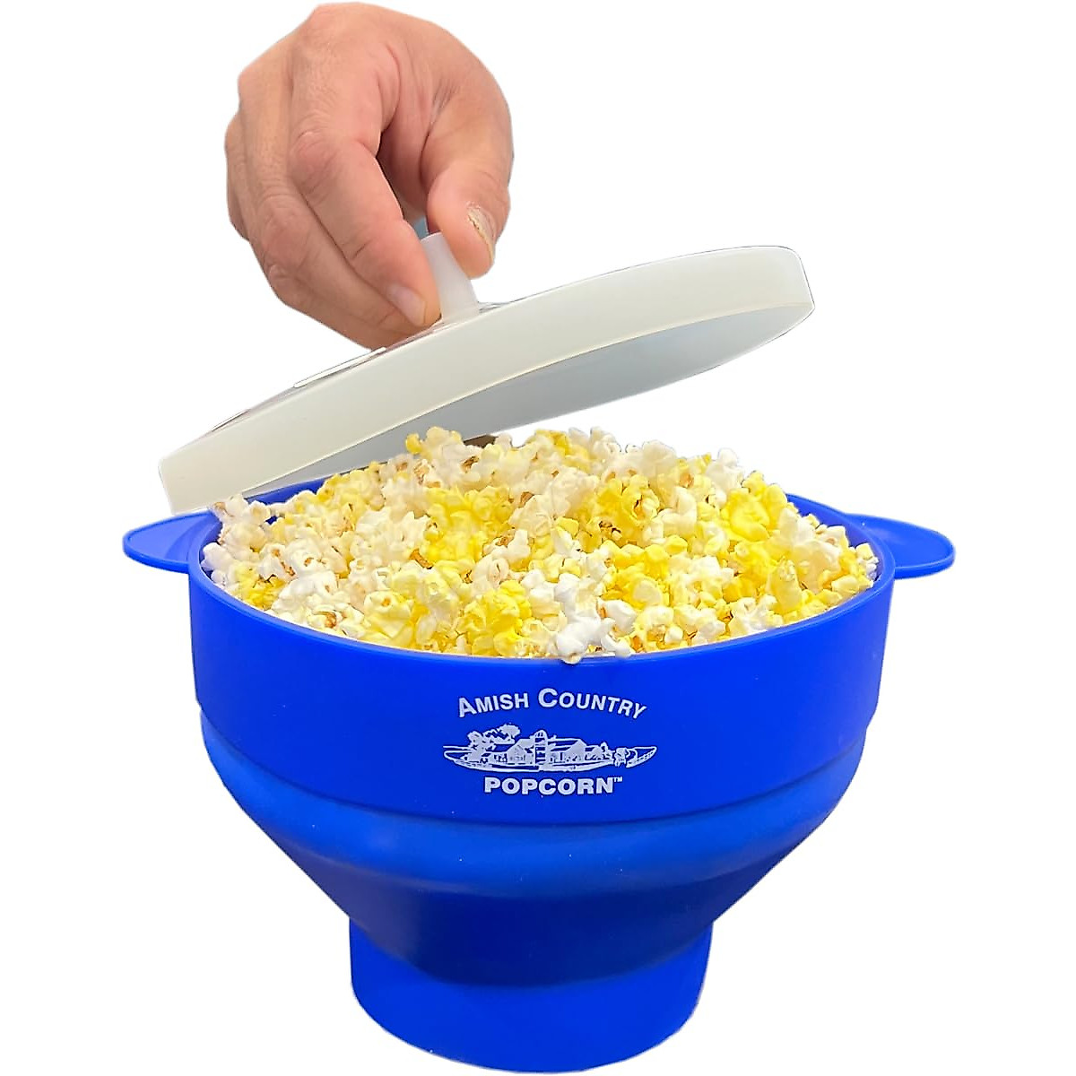Amish Country Popcorn | Collapsible Silicone Microwave Popper with Customized ACP Logo | BPA and PVC Free Popcorn Bowl with Handles | Dishwasher Safe | Includes 2-2 oz Bags of Kernels (Blue)