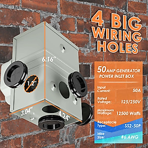 CircleRiver 50 Amp 25FT Generator Cord and Power Inlet Box Combo Kit NEMA 14-50P Male to SS2-50R STW 6/3+8/1 AWG 125/250V Twist Locking with Inlet Box for Generator to House