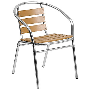 EMMA + OLIVER Aluminum Indoor-Outdoor Stack Chair w/Triple Slat Faux Teak Back