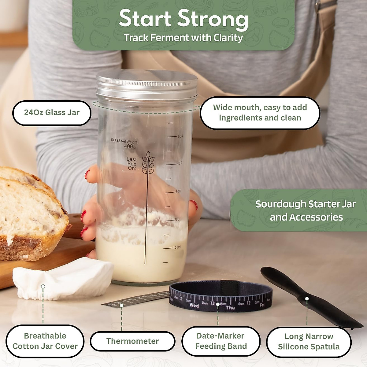 Complete Sourdough Starter Kit, Sourdough Bread Baking Supplies with Kitchen Scale, 9" Round & 10" Oval Banneton Proofing Baskets, Glass Starter Jar, Bread Lame, Danish Whisk & More.