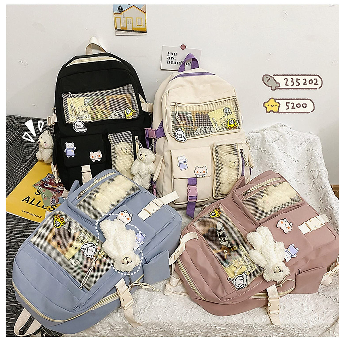 Kawaii Backpack with Kawaii Pin Cute Accessories ?Kawaii Girl Backpack Cute Backpack Cute Aesthetic Backpack for School (black,One size)