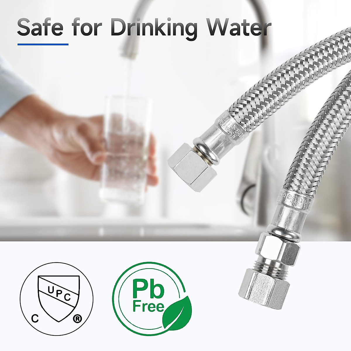 JUWO 16" Faucet Supply Line Extension, 3/8" x 3/8" Comp Stainless Steel Faucet Extension Hose Connector, For Large Sink or Longer Distance Extention