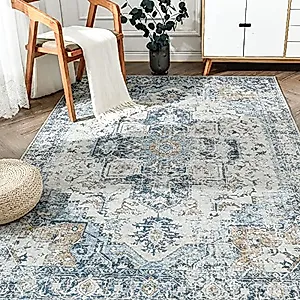 jinchan Area Rug 5x7 Indoor Vintage Rug Floor Cover Print Distressed Carpet Multi Thin Rug Chenille Blue Foldable Accent Rug Lightweight Non Slip Kitchen Living Room Bedroom Dining Room