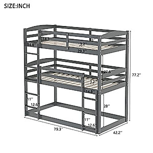 GLORHOME Twin Over Twin Triple Bed, Space Saving Wood Floor Bunk Bedframe with Safety Guardrail & Ladder for 3 Kids Teens, No Box Spring Needed, White