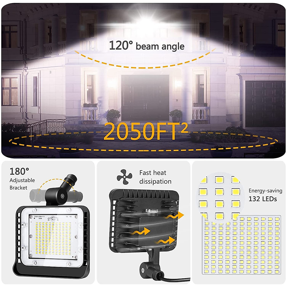 PBYBGB 60W LED Flood Light Outdoor for Dusk to Dawn, Super Bright 7500LM Security Lights, Adjustable Knuckle Mount,5000K Daylight IP65 Waterproof Floodlights for Yard, Garden, Garages,Parking Lot