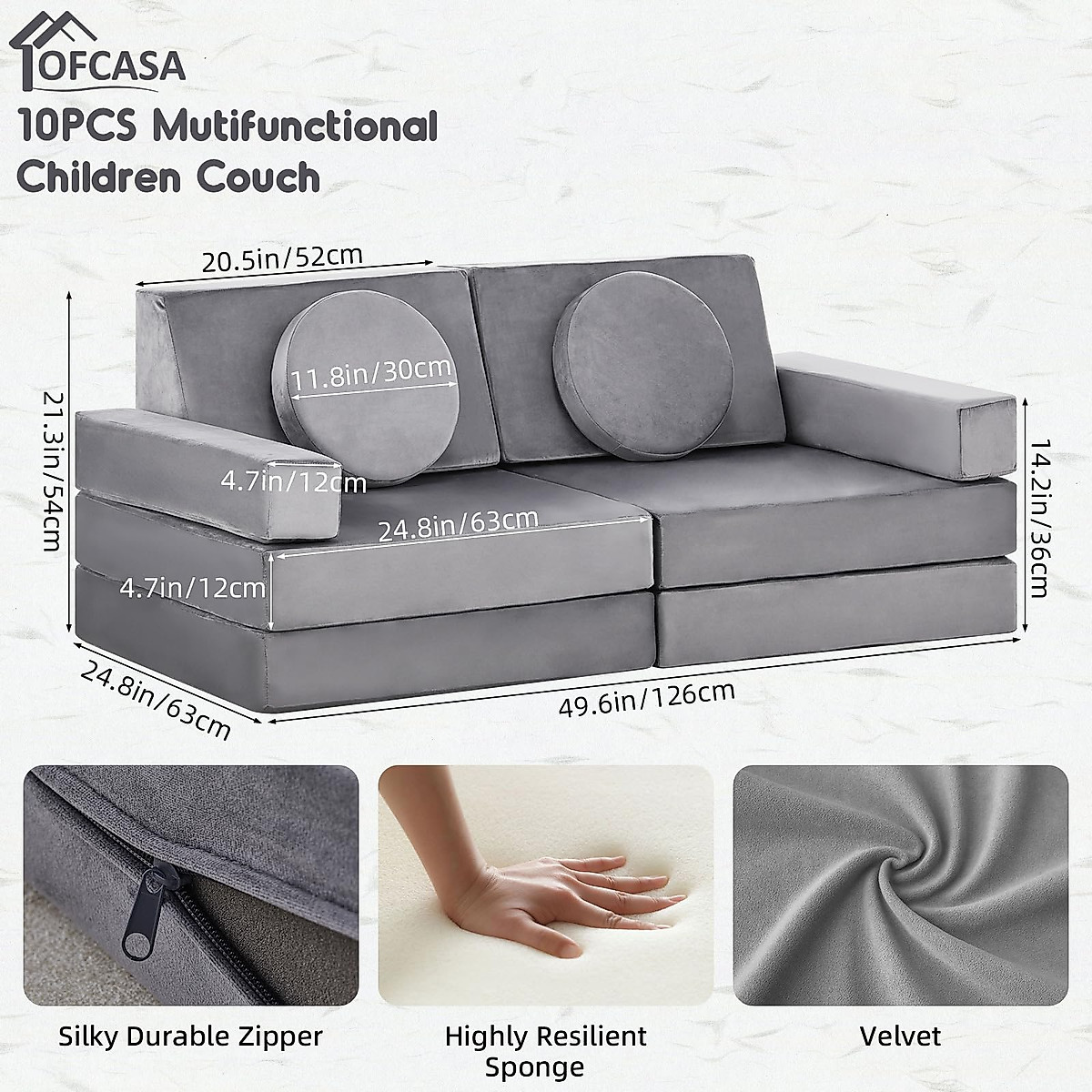 OFCASA 10PCS Modular Kids Play Couch, Toddler Baby Playroom | Bedroom Furniture for Playing, Children's Combo Sofa, Convertible Kids Sofa Couch with Soft Foam Sofa Cushions | Kids Fort Couch (Grey)