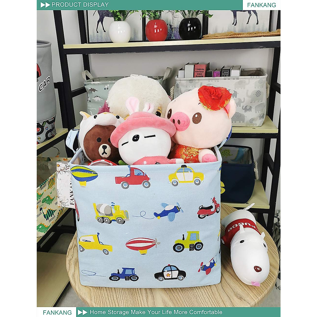 FANKANG Square Nursery Hamper Storage Bins Canvas Laundry Basket Foldable with Waterproof PE Coating Storage Baskets Gift Baskets for Children, Office, Bedroom, Clothes（Square-Car ）