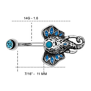 Pierce2GO Tribal Elephant Belly Button Ring - 316L Surgical Grade Stainless-Steel Belly Button Rings Studded with Faux Blue Pearls anz Cubic Zirconia Stone - Belly Piercings Navel Ring for Women