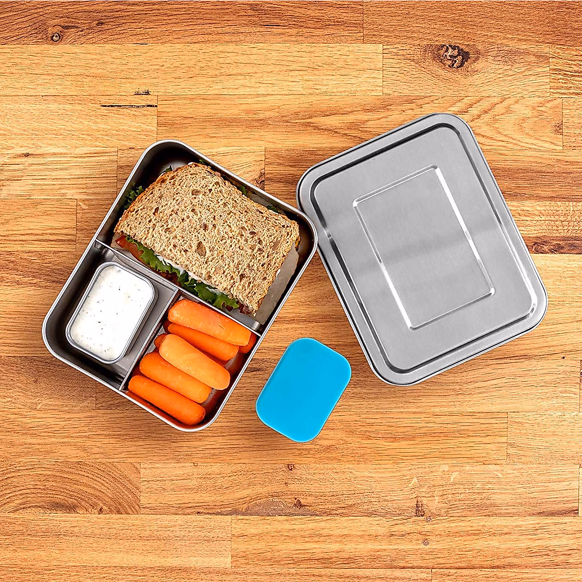 WeeSprout 18/8 Stainless Steel Bento Box (Large) - 3 Compartment Metal Lunch Box, Skid-proof Silicone, for Kids & Adults, Bonus Dip Container, Fits in Lunch & Work Bags, Dishwasher & Freezer Friendly