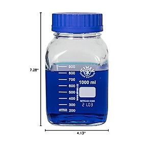 United Scientific™ SIMAX BSWM1000 GL80 Leakproof Media/Storage Bottles, Wide Mouth, Square, 3.3 Borosilicate Glass, 1000mL (1L), 1 Each