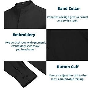 COOFANDY Mens Casual Button Up Shirt Cuban Beach Shirt Band Collar Summer Shirt, Black, X-Large, Long Sleeve