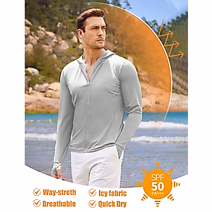 COOFANDY Men's Hoodie Long Sleeve Zip Front Shirts SPF UV Thumbholes Comfortable Jacket with Zipper Pockets Light Gray