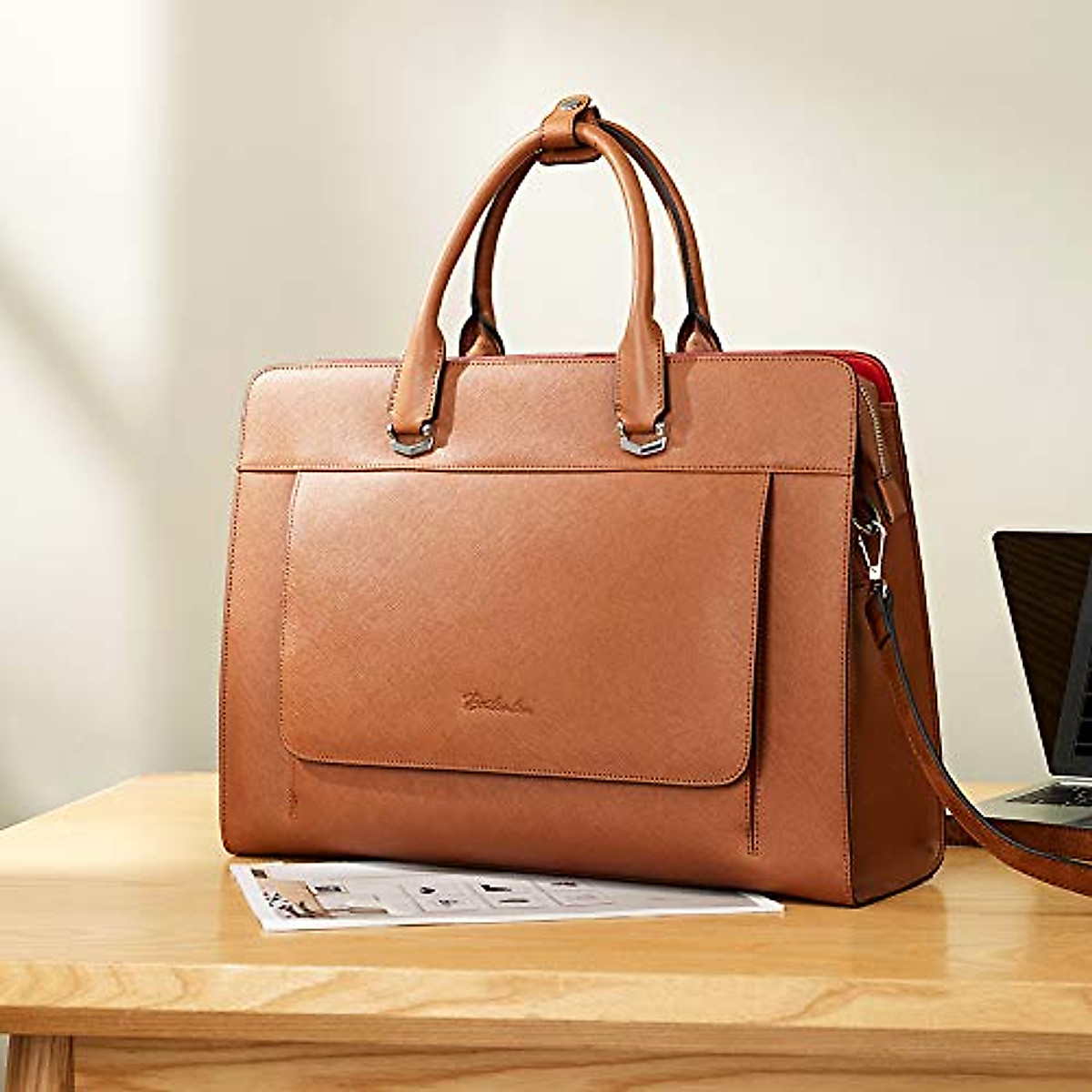 BOSTANTEN Laptop Bag for Women 15.6 inch Leather Briefcase for Women Slim Messenger Bag Shoulder Tote Handbags Brown