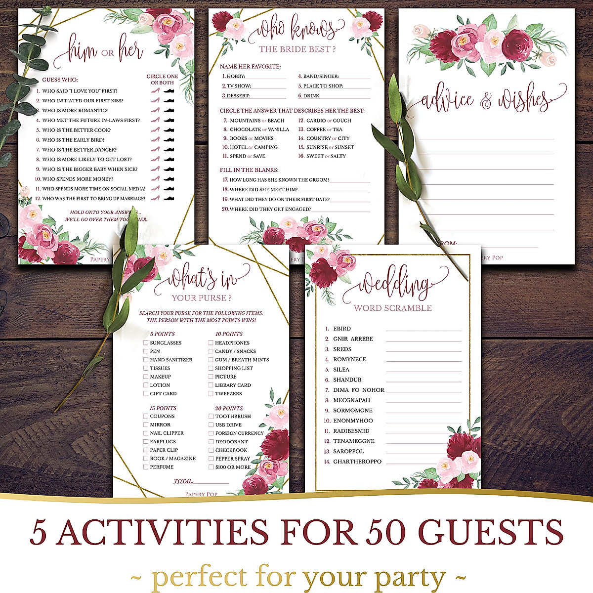 Papery Pop Bridal Shower Games - 5 Activities for 50 Guests - Double Sided Games - Rose Gold