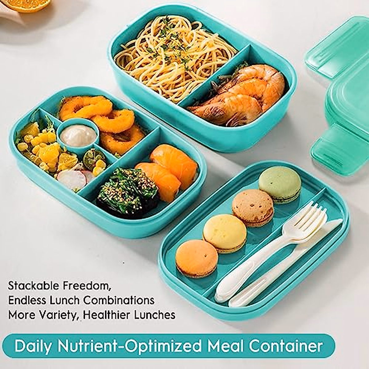 LEITAO Bento Box Adult Lunch Box, 3 Layer Lunch Containers for Adults/Kids/Toddler, 8 Compartments Bento Lunch Box with Utensil Set, BPA Free, Microwave & Dishwasher Safe, Lead-Proof Lunchbox/Teal