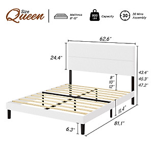 HOWE Queen Size Bed Frame, Upholstered Platform Bed with Adjustable Headboard, Sturdy Bedframe Linen Fabric/Easy Assembly/No Box Spring Needed/Noise-Free/Cream
