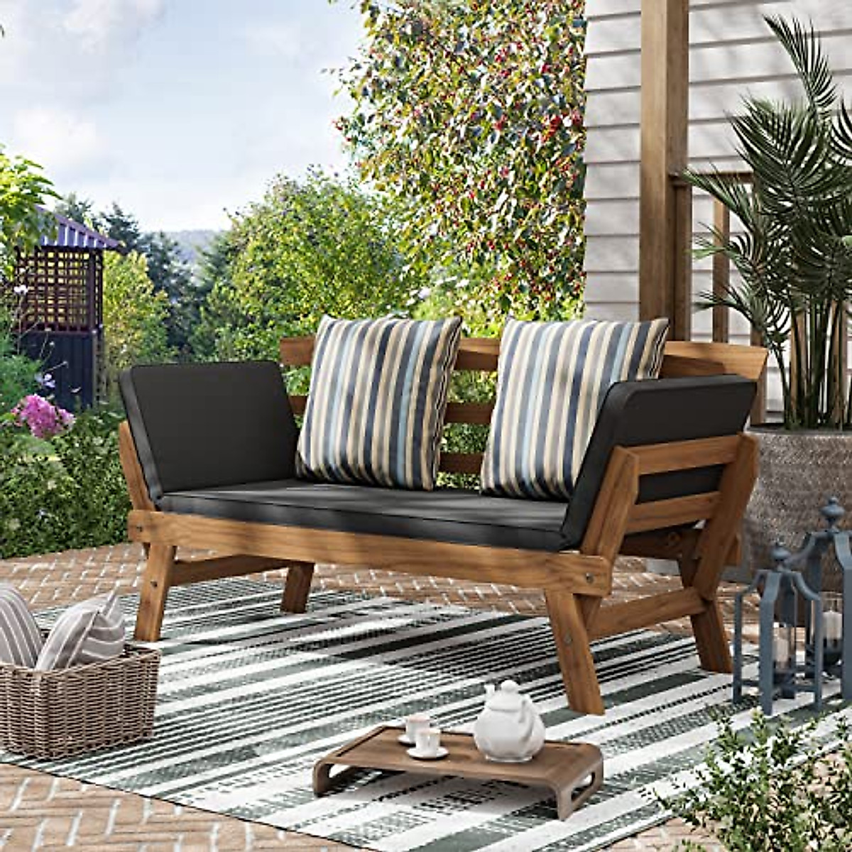 Greemotion Velden Certified Acacia Natural Finish Wood Sofa Narrow Daybed Small Loveseat Patio Sofa Bed Patio Lounge Bed Wood Couch, Outdoor Convertible Daybed Porch Loveseat with Gray Cushion
