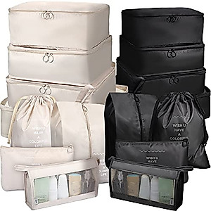 16 Set Packing Cubes Luggage Organizer Bags Travel Suitcases Organizers Luggage Cubes with Toiletry Bag and Shoes Bag (Black, Beige)