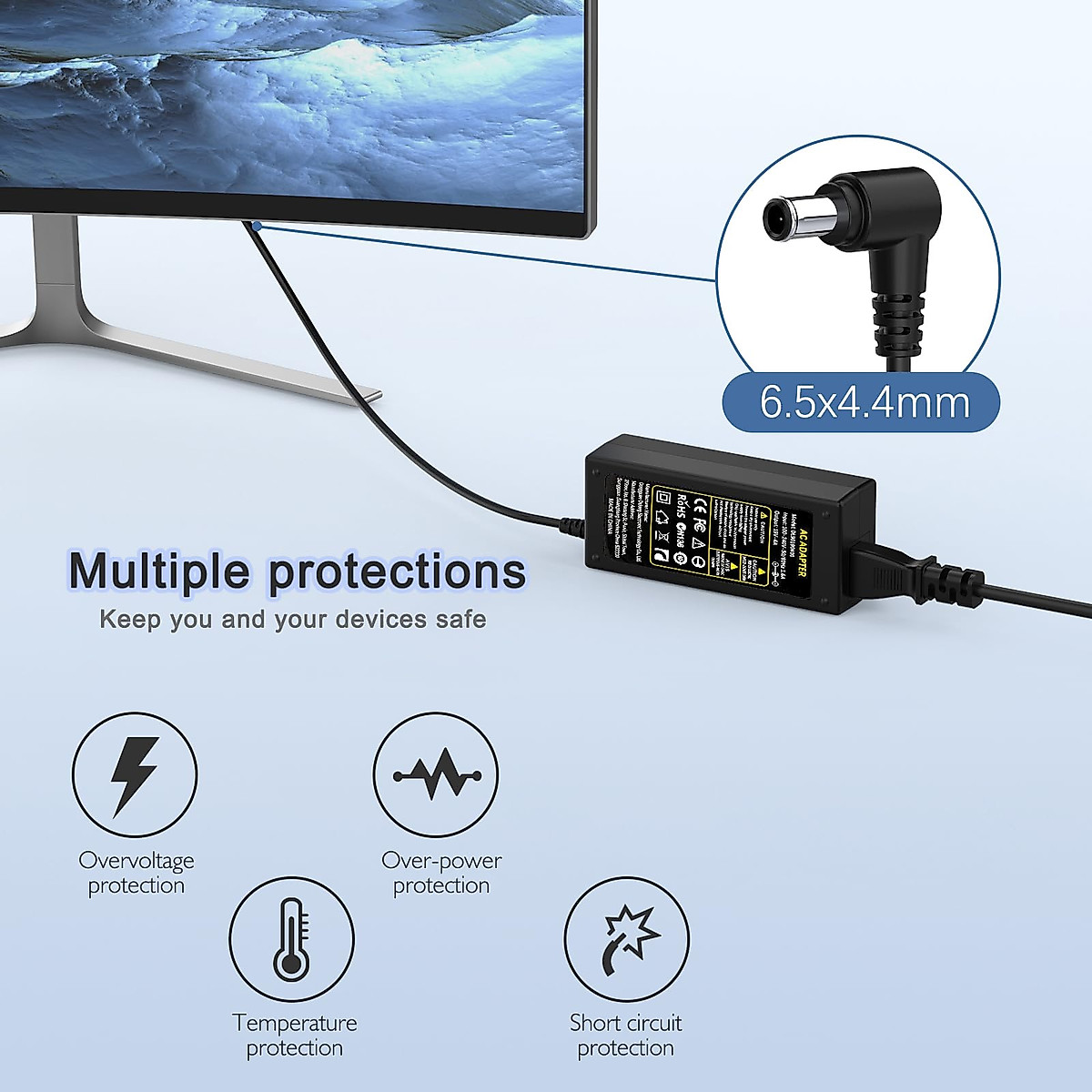 19V Power Cord for LG Electronics 19" 20" 22" 23" 24" 25" 26" 27" 29" 34" LCD LED Monitor 25UM58 34UM58-P 24MP55HQ 19EN33T 27MP37HQ Power Supply Charger