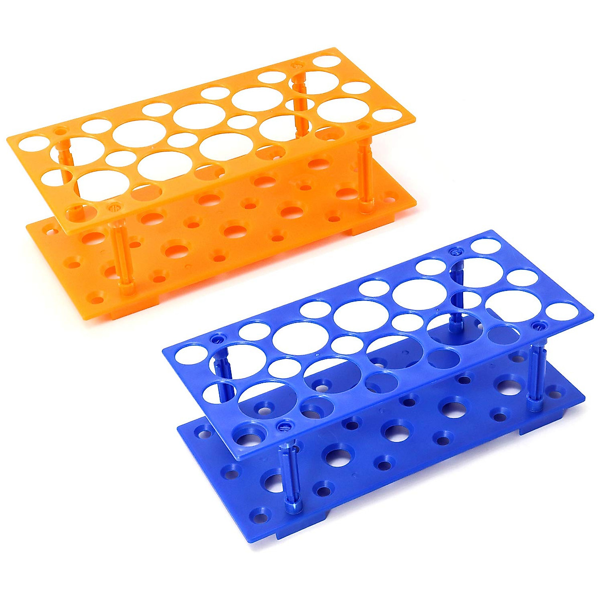 QWORK Centrifuge Tube Holder Set - Plastic Test Tube Rack (2 Pack) in Blue and Orange, Accommodates 10ml, 15ml, and 50ml Tubes, Detachable Stand
