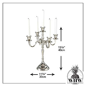 Hamptons Five Candle Candelabra, Silver Finish, Centerpiece, Hand Crafted of Cast Aluminum, Atelier Craft Surface Details, Over 1 FT High, (15.75 Inches)