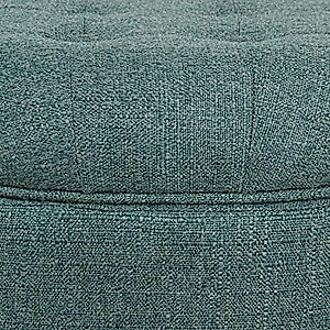 HomePop by Kinfine Fabric Upholstered Round Storage Ottoman - Button Tufted Ottoman with Removable Lid, Teal Woven