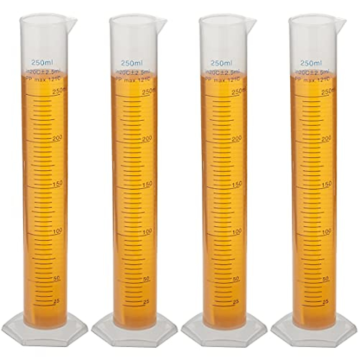 Plastic Graduated Cylinder Set - Education Equipment for Industrial and Academic Labs - Polypropylene Plastic - Science Research, Chemistry Classroom Supplies (250mL, 4-Pack)