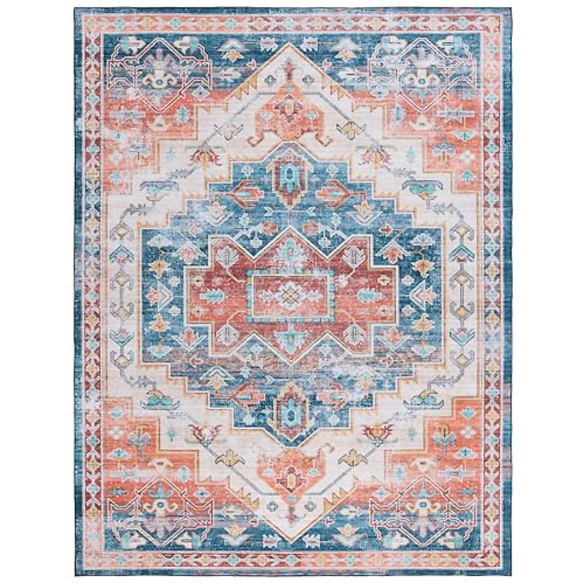 SAFAVIEH Tucson Collection Area Rug - 8' x 10', Blue & Rust, Persian Medallion Design, Non-Shedding Machine Washable & Slip Resistant Ideal for High Traffic Areas in Living Room, Bedroom (TSN116M)
