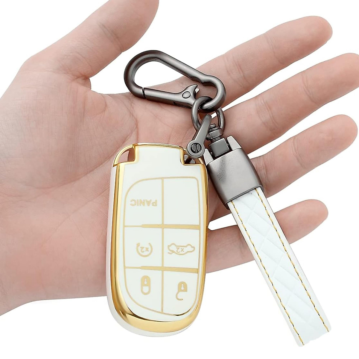 Compatible with Jeep Grand Cherokee Key Fob Cover, 3 4 5 Buttons Protector for Jeep Key Cover with Key Fob Keychain, Fit for Jeep Compass Renegade Cherokee (Jep-W)