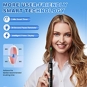 JTF Sonic Electric Toothbrush for Adults - Teeth Whitening Toothbrush with 6 Brush Heads and a Travel Case, Fast Charging for 60 Days Use Waterproof Toothbrushes, Black