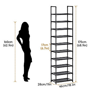 barsone Shoe Rack 10 Tiers, 20-25 Pairs Shoe Organizer Storage Shelf Stand Tower Shoe Rack, Space Saving Shoe Shelves Narrow Free Standing Shoe Rack for Closet Entryway Hallway Apartment Garage