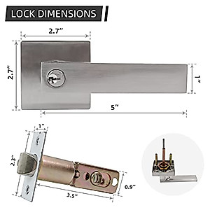 TooCust Square Front Door Handle with Lock, Heavy Duty Door Lock with Key, Brushed Nickel Door Levers with Adjustable Latch, Front Door Lock for Exterior/Interior, Left/Right Hand Reversible