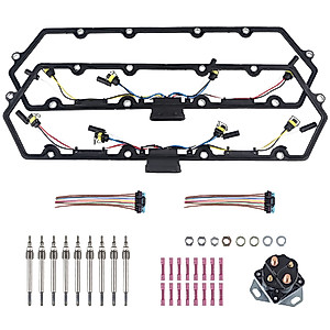 WMPHE Compatible with 2 Valve Cover Gaskets + Inner Injector Glow Plug Harness with Relay + 8 Glow Plugs Ford F250 F350 E250 E350 Diesel Powerstroke 7.3L 1999 2000 2001 2002 2003, OEM F81Z-6584-AA