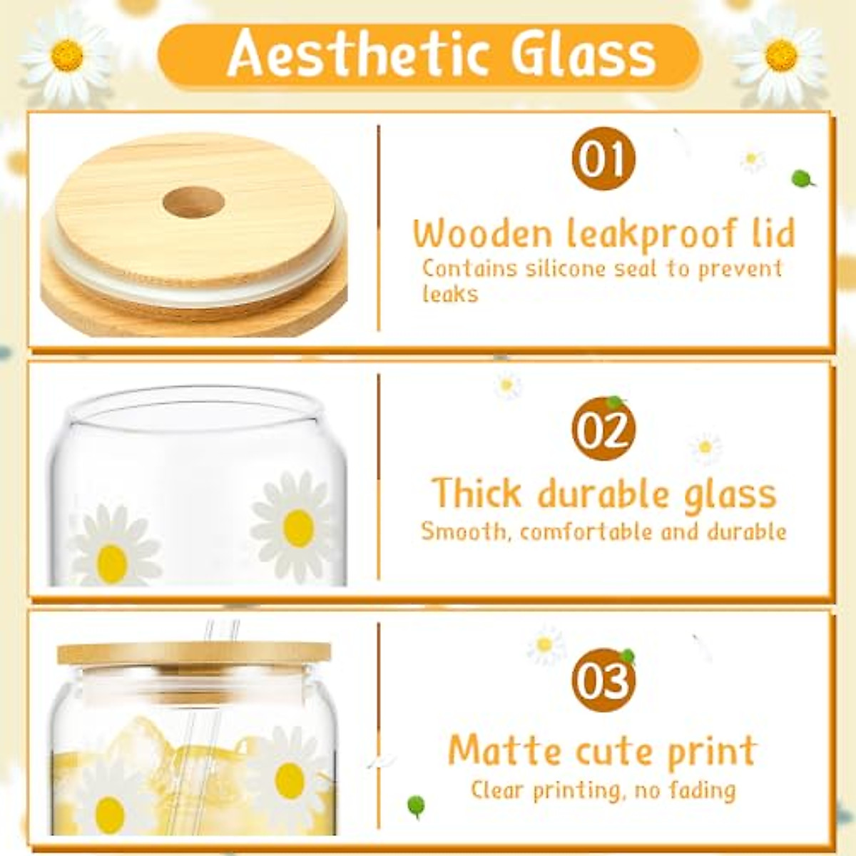 Hoolerry Daisy Flower Glass Cups with Lids and Straws 18 oz Iced Coffee Cup Drinking Glasses with Bamboo Lids Cute Flower Glass Coffee Tumbler Glasses for Home Office Kitchen (4 Pcs)