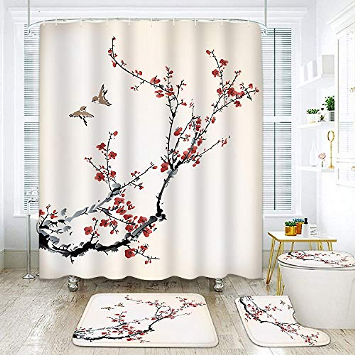 Britimes 4 Piece Shower Curtain Sets, Cherry Blossoms with Non-Slip Rugs, Toilet Lid Cover and Bath Mat, Durable and Waterproof, for Bathroom Decor Set, 72" x 72"