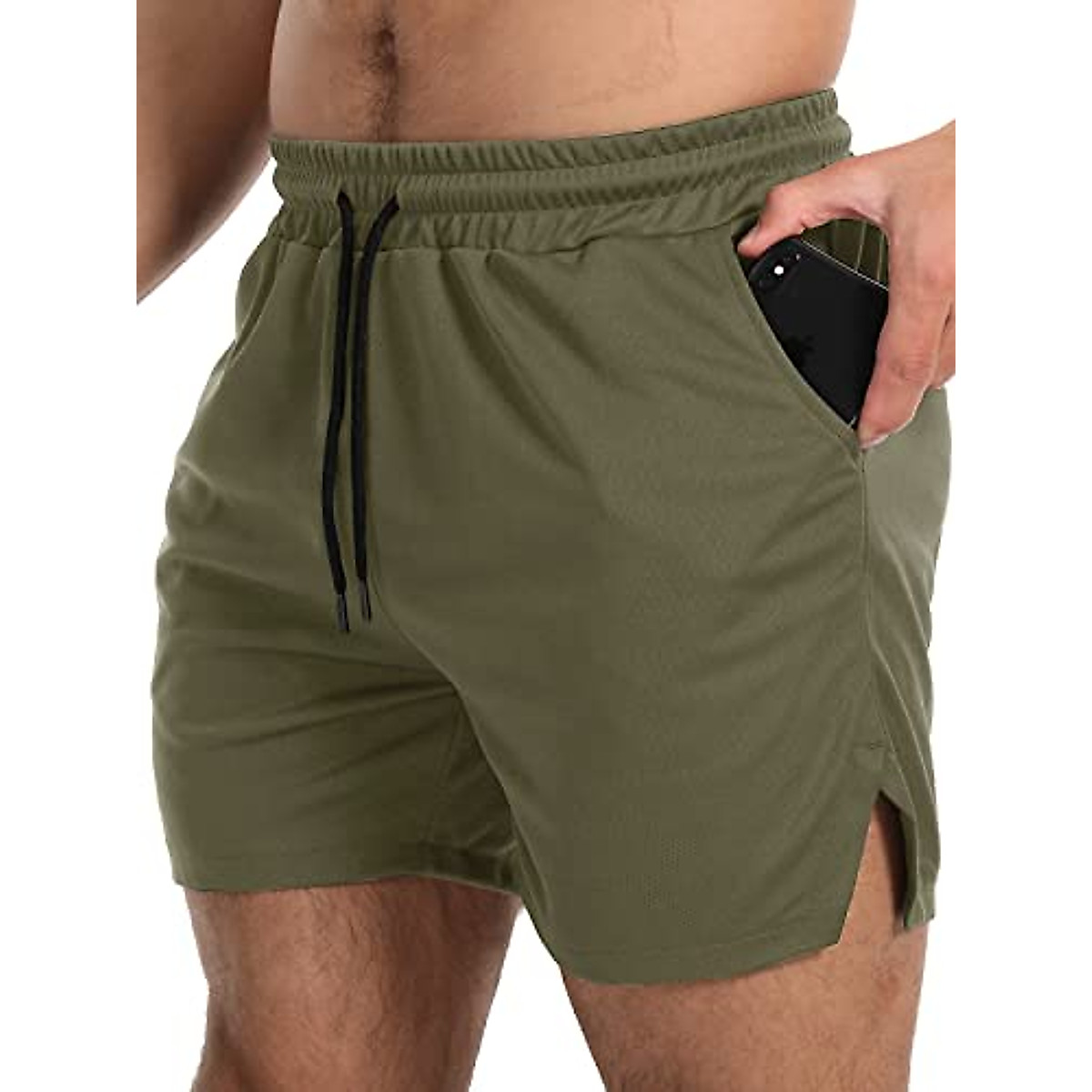 KLINNFENR Mens Gym Running Shorts Quick Dry 5 inch Inseam Athletic Workout Training Shorts with Reflective Zipper Pockets Towel Loop,Army Green S