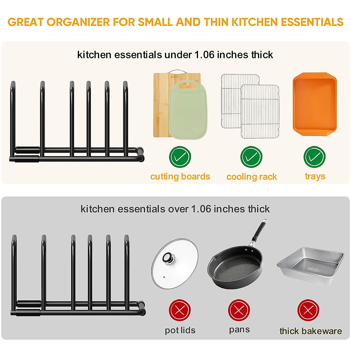 AKSONMN Metal Black Cutting Board Organizer Rack - Perfect Stand for Cutting Boards, Baking Sheets, Cookie Pans, and Bakeware - Ideal for Kitchen Cabinet & Countertop Storage