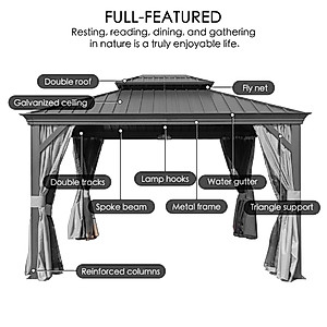 Kozyard Alexander 12' X 16' Hardtop Gazebo, Aluminum Metal Gazebo with Galvanized Steel Double Roof Canopy, Curtain and Netting, Permanent Gazebo Pavilion for Patio, Backyard, Deck, Lawn (Gray)