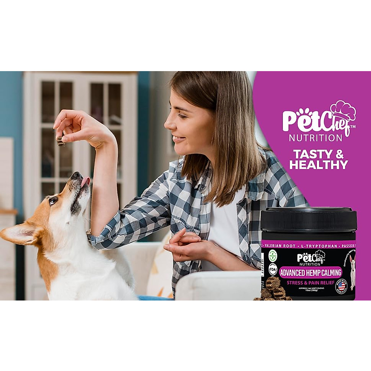 Pet Chef Calming Chews for Dogs with Hemp – Natural Dog Calming Chews for Separation Anxiety, Hyperactivity, Stress, and Pain Relief, Roasted Bacon Flavor, Pop Top Lid, Made in USA, 140 Count Value