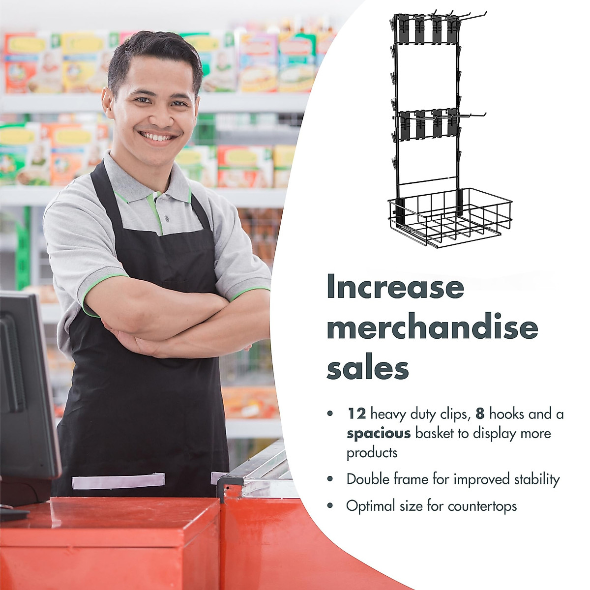 DS THE DISPLAY STORE Retail Display Rack, 12 Clips & 8 Removable Peg Hooks, Matte Black Countertop Snack Organizer for Retail Store Supplies, Candy Merchandise Stand