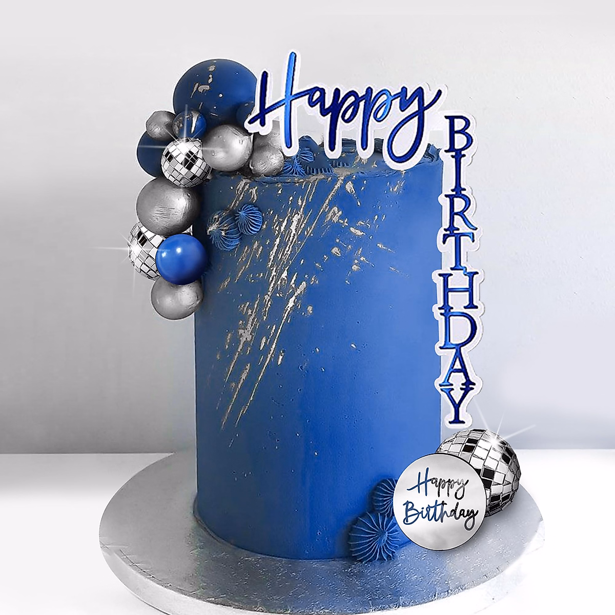 Man Cake Topper Blue Silver Disco Ball Cake Topper Boho Cake Topper Decorations for Navy Blue Boho Wedding Man Boy Birthday Party Baby Shower Supplies (Blue 02)